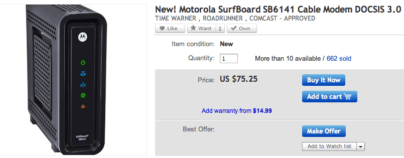 Motorola SurfBoard SB6141 Cable Modem DOCSIS 3.0 $68 + free shipping