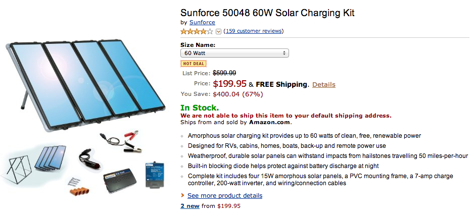 Sunforce 50048 60W Solar Charging Kit: $200 (Reg. $600)