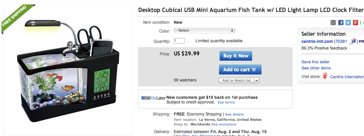 Desktop Cubical USB Mini Aquarium Fish Tank w/ LED Light Lamp LCD Clock ...