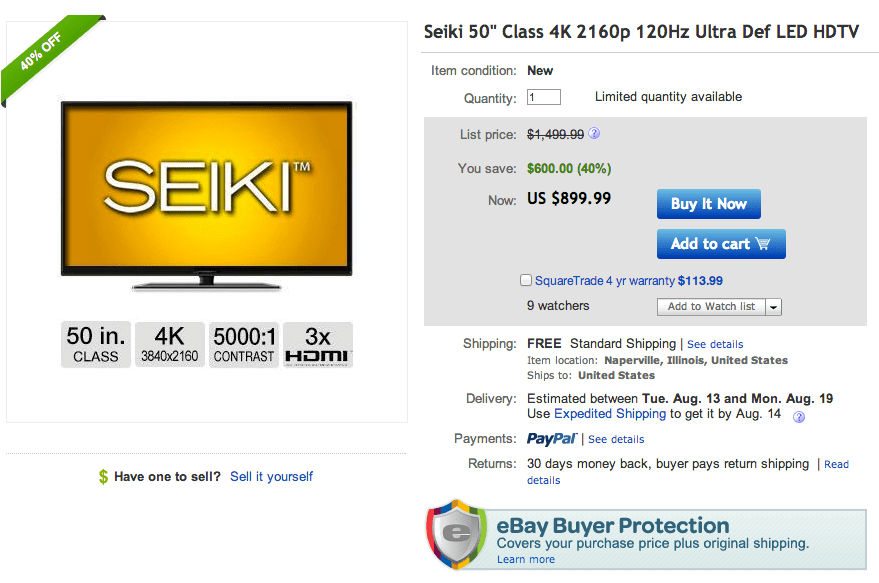 Seiki Digital 50″ 4K Ultra HDTV, 120Hz, LED $900 (Reg. $1,500)