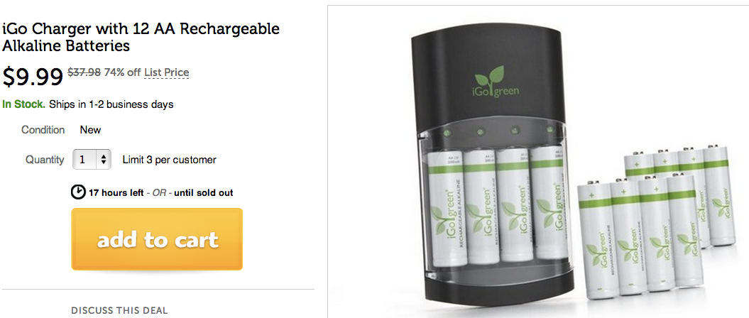 iGo Charger with 12 AA Rechargeable Alkaline Batteries $15