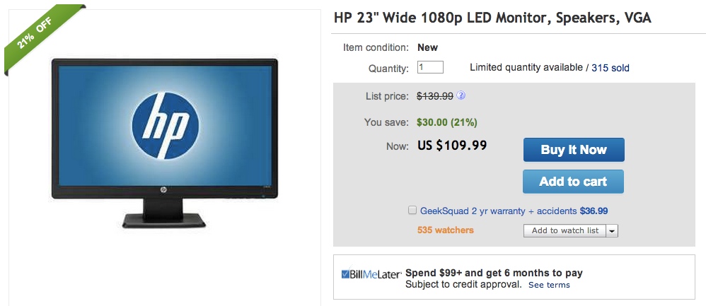 HP 23" Wide Screen 1080p LED Monitor, Speakers, VGA $110 shipped