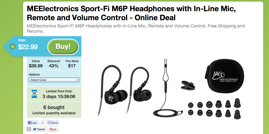 MEElectronics in-ear Sport-Fi M6P headphones $23