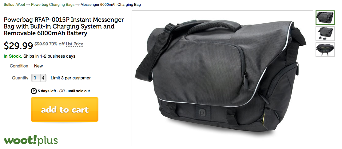 Powerbag Instant Messenger bag w/ built-in 6000mAh charging system: $30 ...