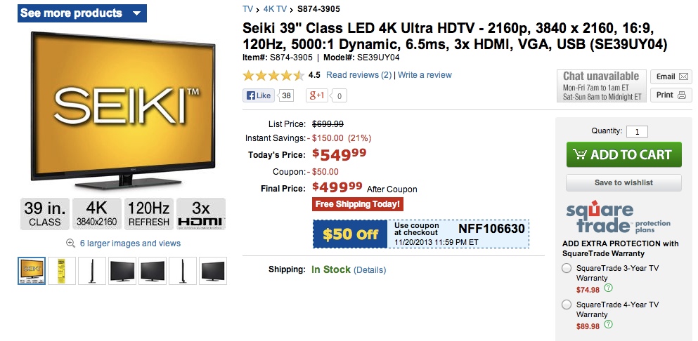Seiki 39" 4K UHDTV $496 shipped (Reg. $700), 50" $722 w/ free pickup ...