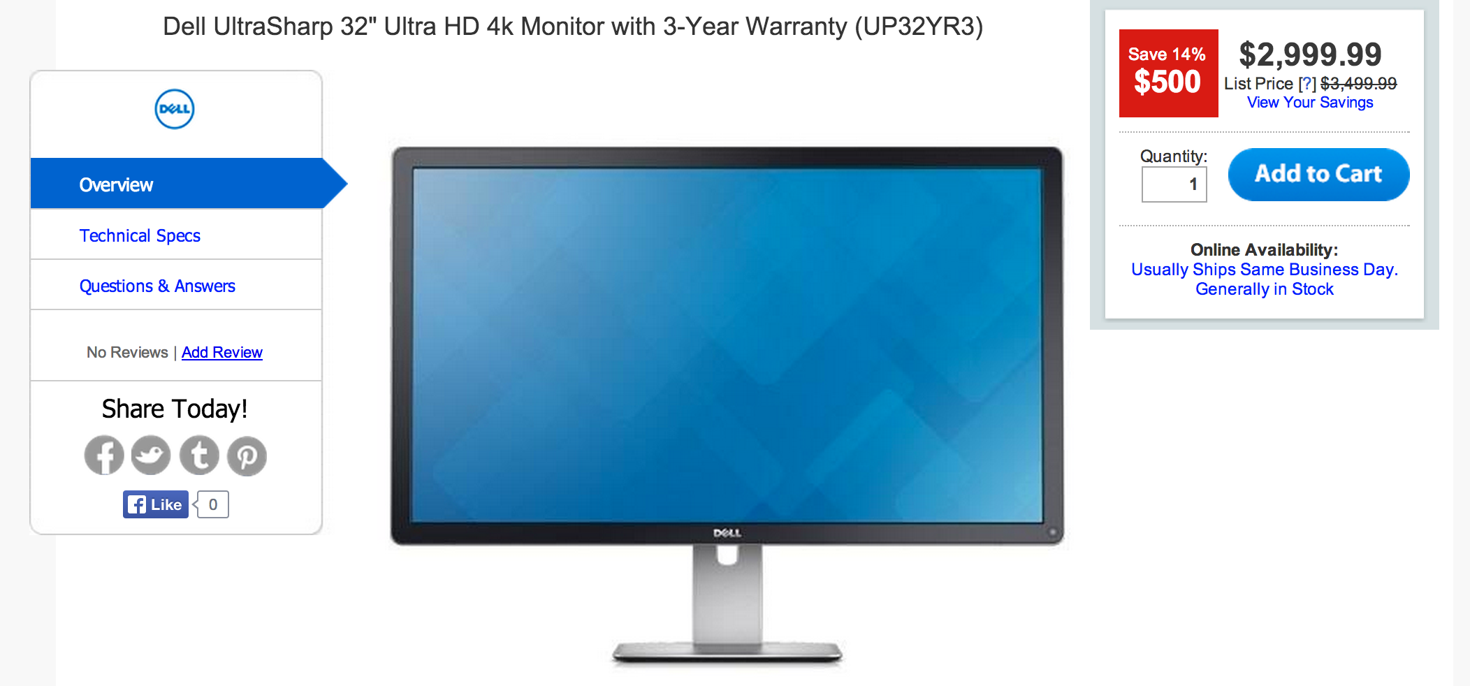 Dell UltraSharp 32" Ultra HD 4k Monitor $3,000 shipped (Reg. $3,500)