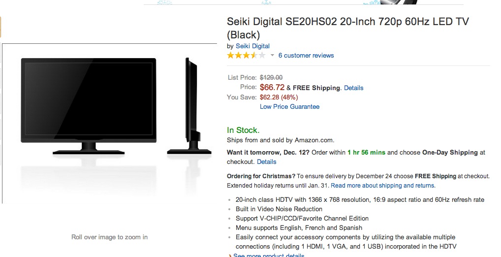 Seiki 20-inch 720P LED HDTV/display with HDMI, VGA and USB: $67 shipped