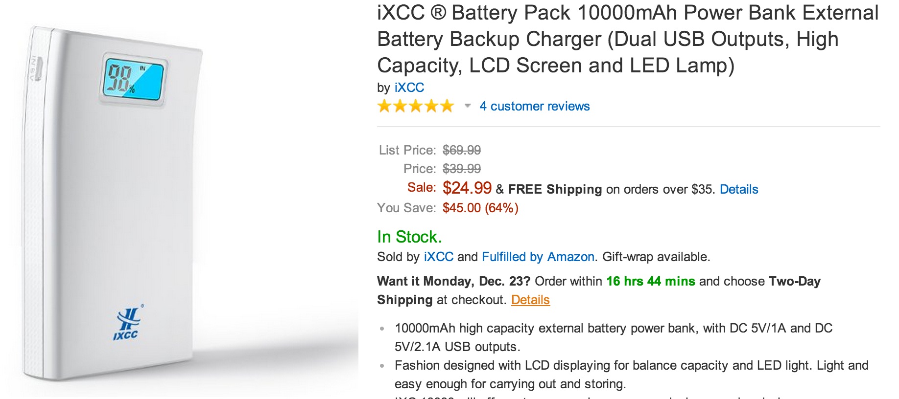10,000mAH External Battery Pack/Flashlight with LED display: $20 shipped
