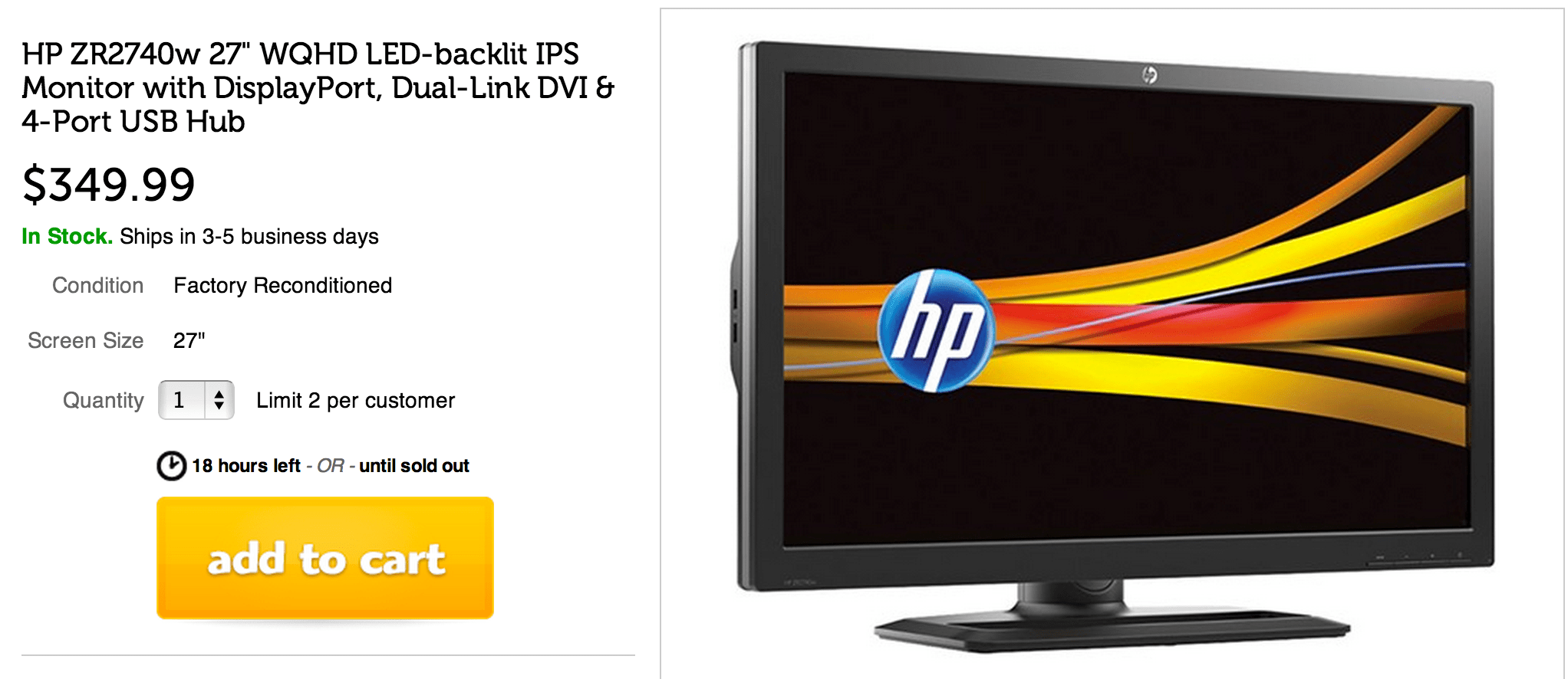HP 27" LED 2560x1440 IPS Monitor w/DisplayPort, Dual-Link DVI & 4-Port ...