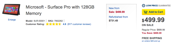 Microsoft Surface Pro: $500 shipped, Surface RT (pre-owned): $220 shipped