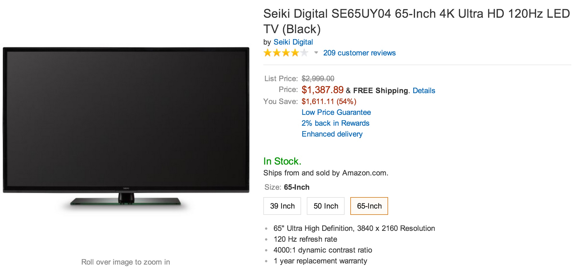Seiki 65-inch 4K 120Hz UHDTV model SE65UY04: $1,360 shipped