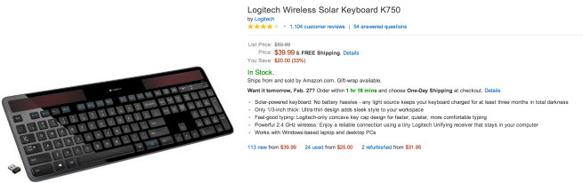Logitech Solar K750 wireless keyboard $40 shipped (Reg. $60)