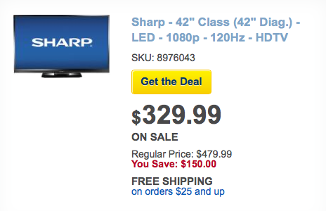 Sharp 42" LED 1080p 120Hz HDTV $330 (Reg. $480), Vizio 55" Smart LED ...