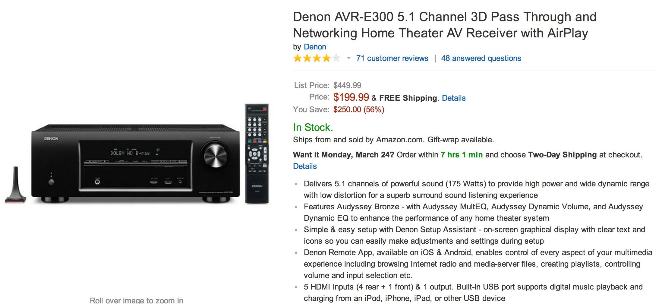 Denon AVR-1513 5.1 Channel 3D Pass Through Home Theater AV Receiver ...