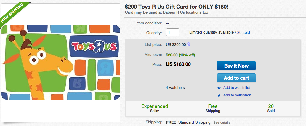 $200 Toys “R” Us gift card for $180 shipped (10% savings)