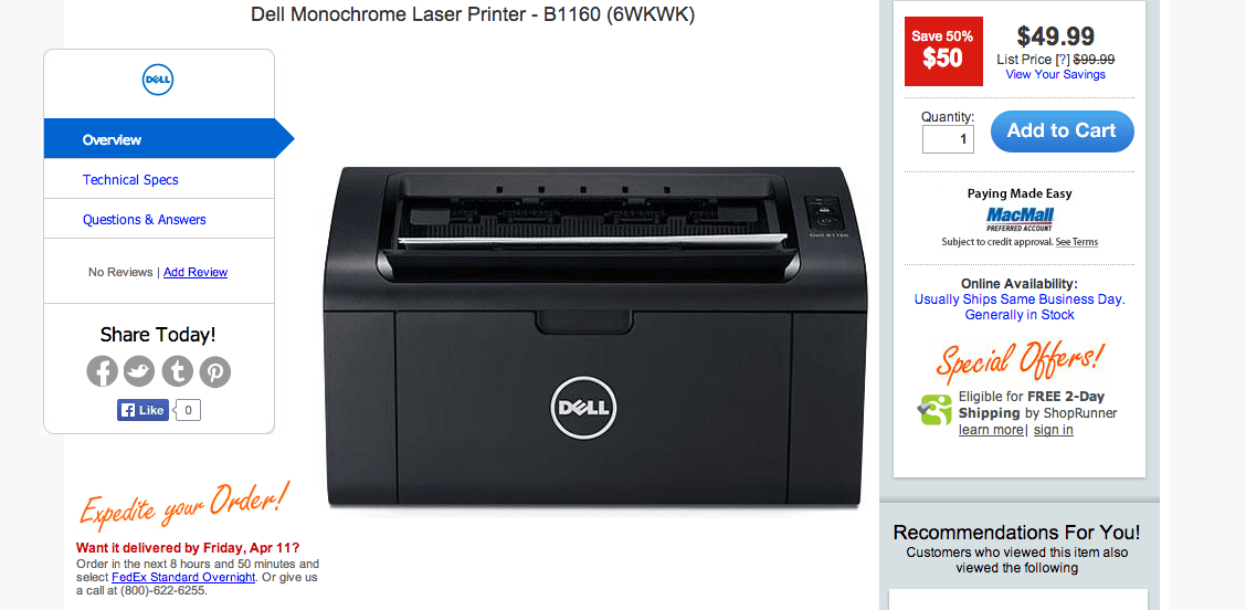 Laser Printers: Dell B1160 Monochrome $50 shipped (Reg. $100), Canon ...