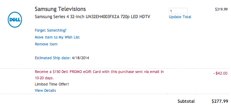 Samsung 32-inch 720p LED HDTV and $150 Dell gift card for $278 shipped ...