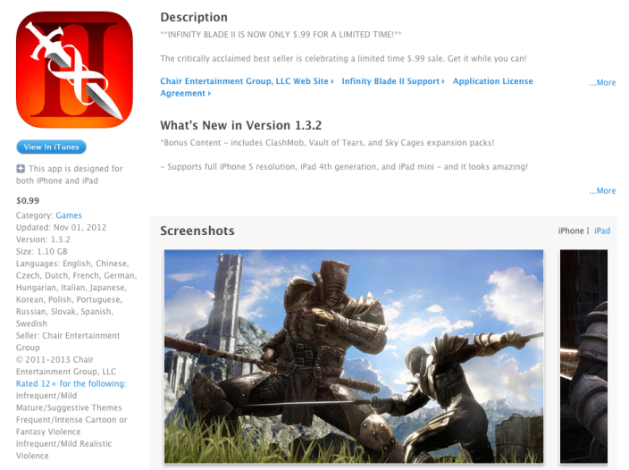 Infinity Blade II on iOS drops to $0.99 for a very limited time (Reg. $7)