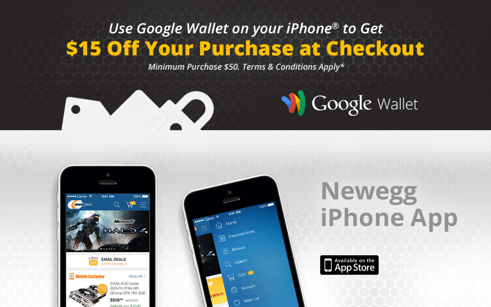 Newegg offers $15 off purchases of $50 or more via Google Wallet