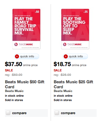 Save 25% on Beats Music gift cards, get 1-yr of service for $75 or less