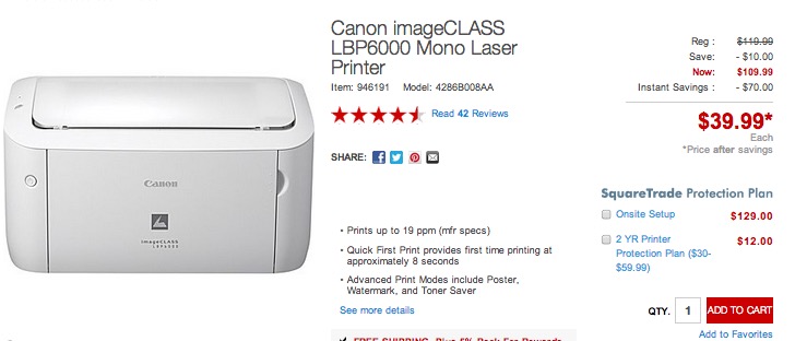 Canon imageCLASS LBP6000 compact laser printer: $40 shipped