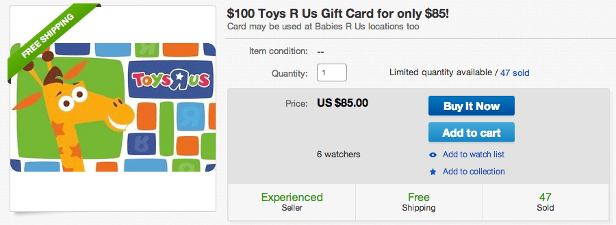 $100 Toys R Us gift card for $85 (15% in savings)