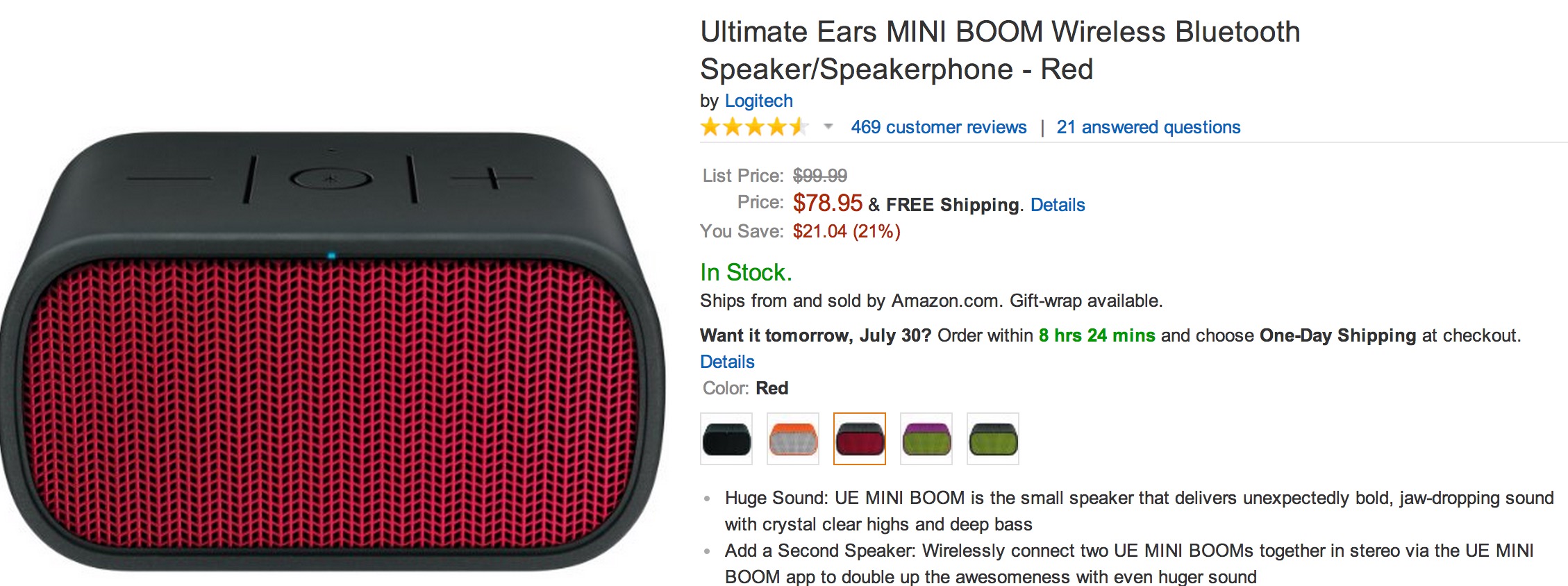 Ultimate Ears MINI BOOM Wireless Bluetooth Speaker/Speakerphone (Red ...