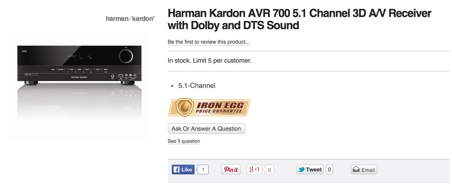 Harman Kardon AVR 700 5.1 Channel 3D A/V Receiver with Dolby and DTS ...