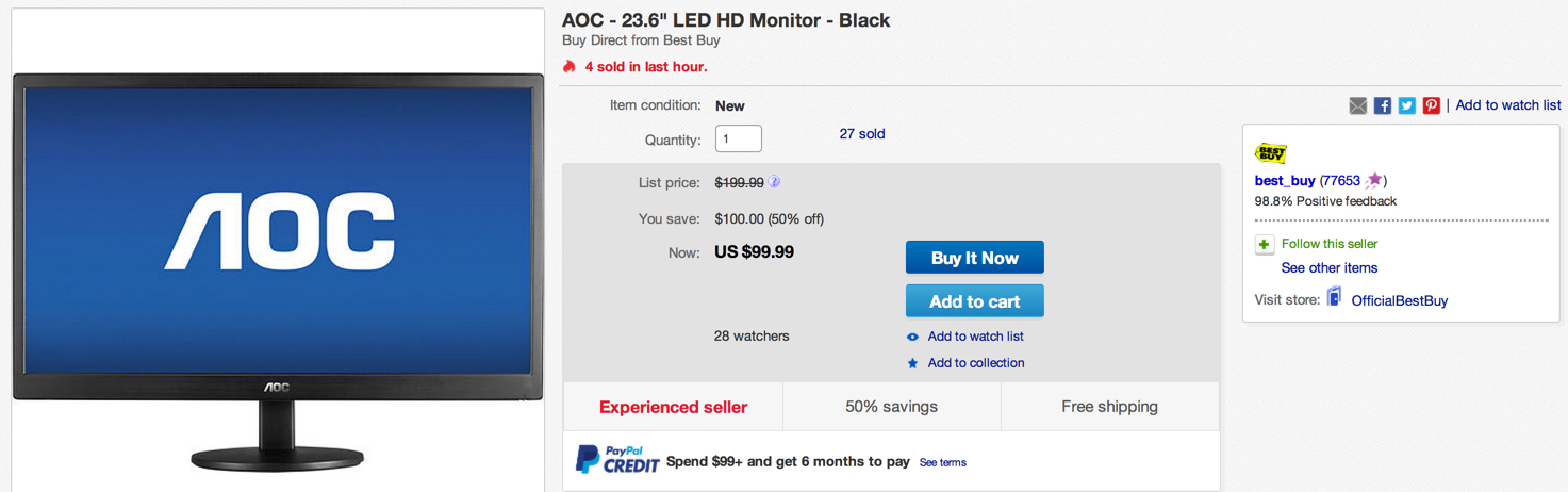 AOC 23.6" LED HD Monitor $100 shipped (Reg. $200)