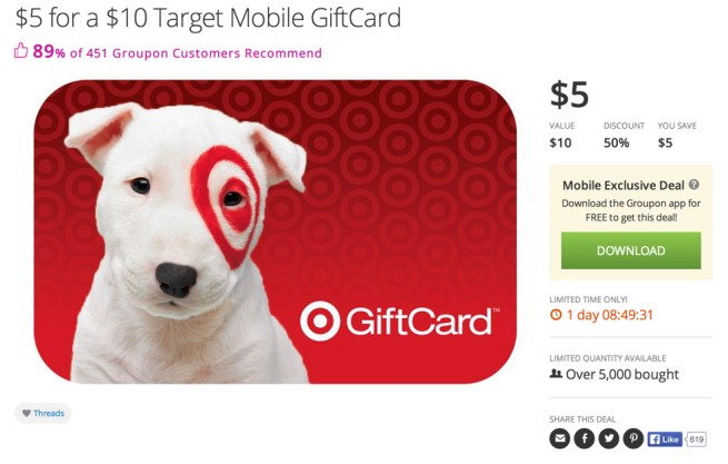 Mobile Exclusive Deal: $5 for a $10 eGift card to Target from Groupon