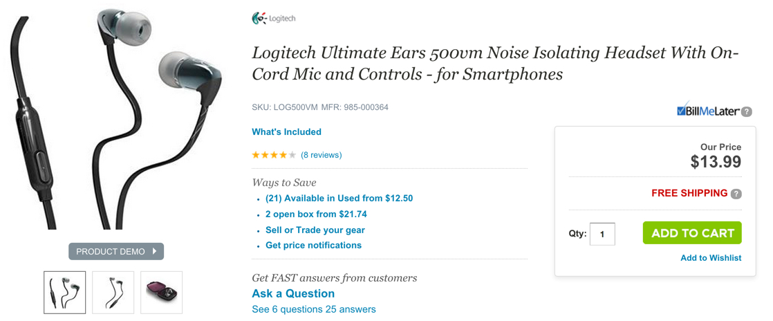 Logitech Ultimate Ears 500vm Noise Isolating Headset With On-Cord Mic ...