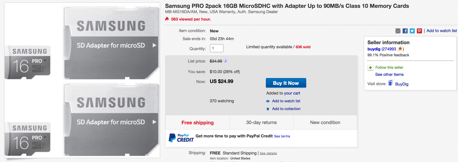 Two pack: Samsung PRO 16GB MicroSDHC Memory Cards with Adapter $20 ...