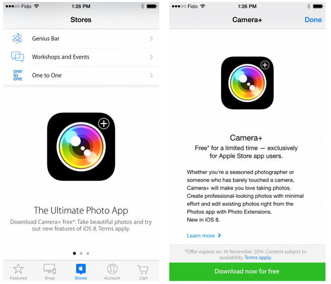 Camera+ for iOS now available for free inside the Apple Store app ($2. ...