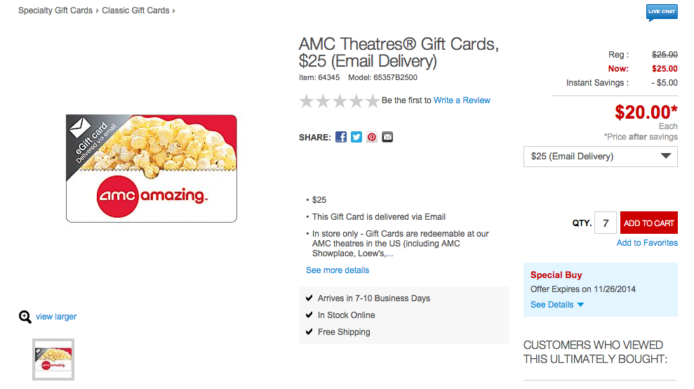$25 AMC & Regal Theater Gift Cards for $20 w/ email delivery (20% off)