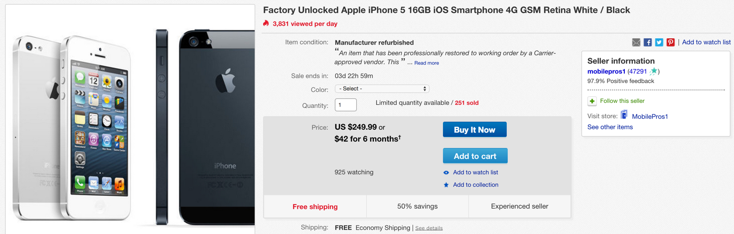 Factory unlocked iPhone 5 16GB 4G GSM (refurb) $250 shipped (Reg. $450)