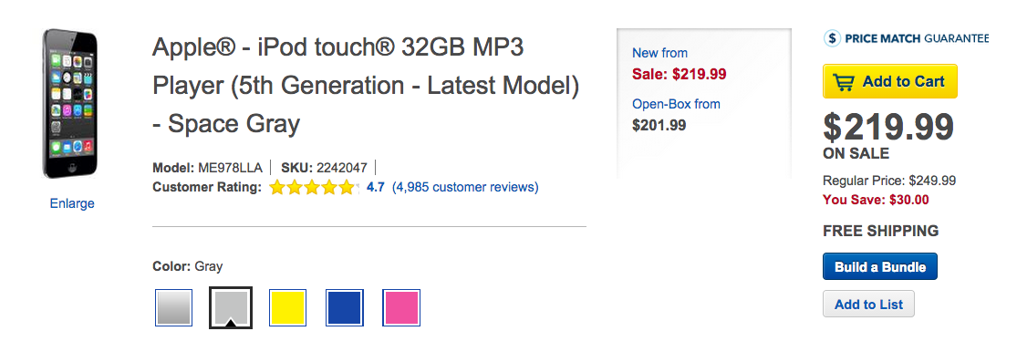 Apple iPod touch 32GB current gen (multiple colors): $220 or $249 w ...
