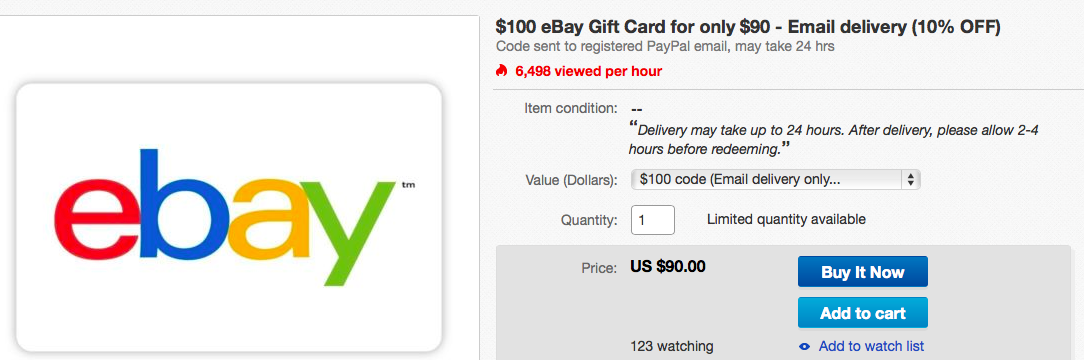 $100 eBay gift card w/ email delivery for $90 from PayPal (10% savings)