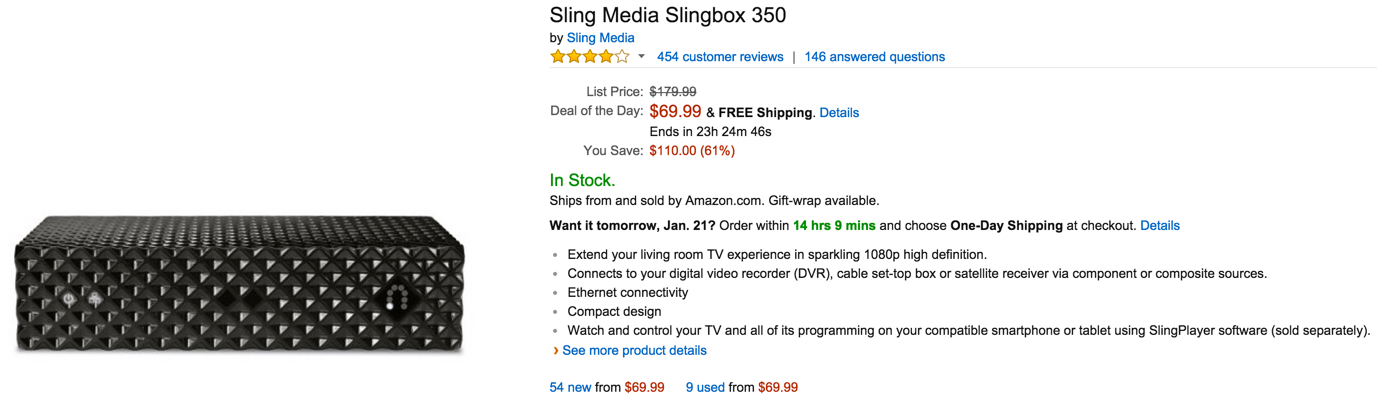 Sling Media SlingBox 350 live TV streamer $70 shipped (orig. $180)