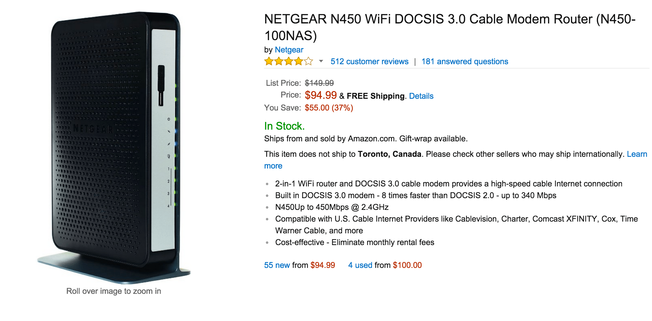 NETGEAR N450 2-in-1 WiFi Router + DOCSIS 3.0 Cable Modem $95 shipped ...