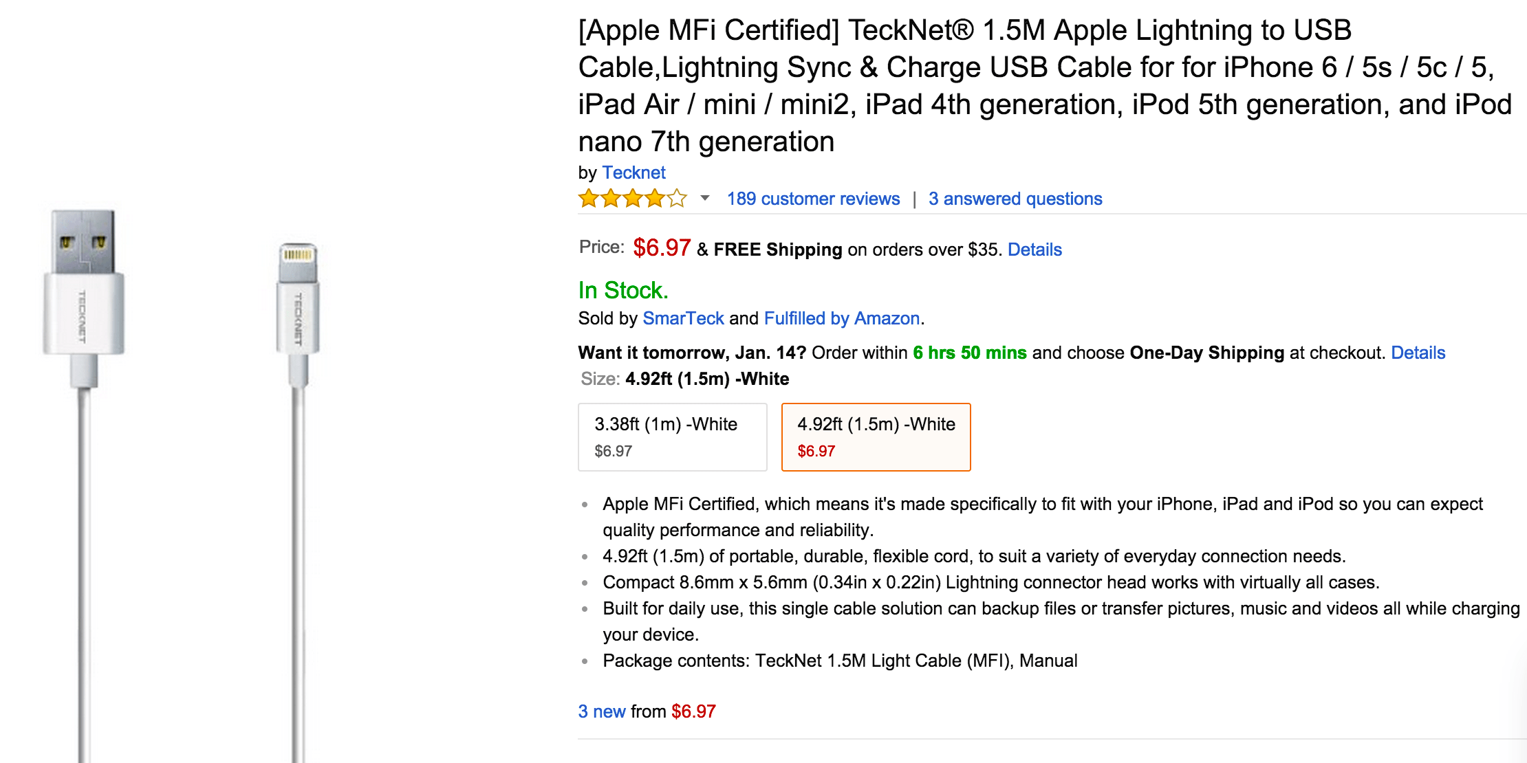 Apple-certified MFi 3.3ft Lightning USB Cable: $8, 5 ft: $7 Prime shipped