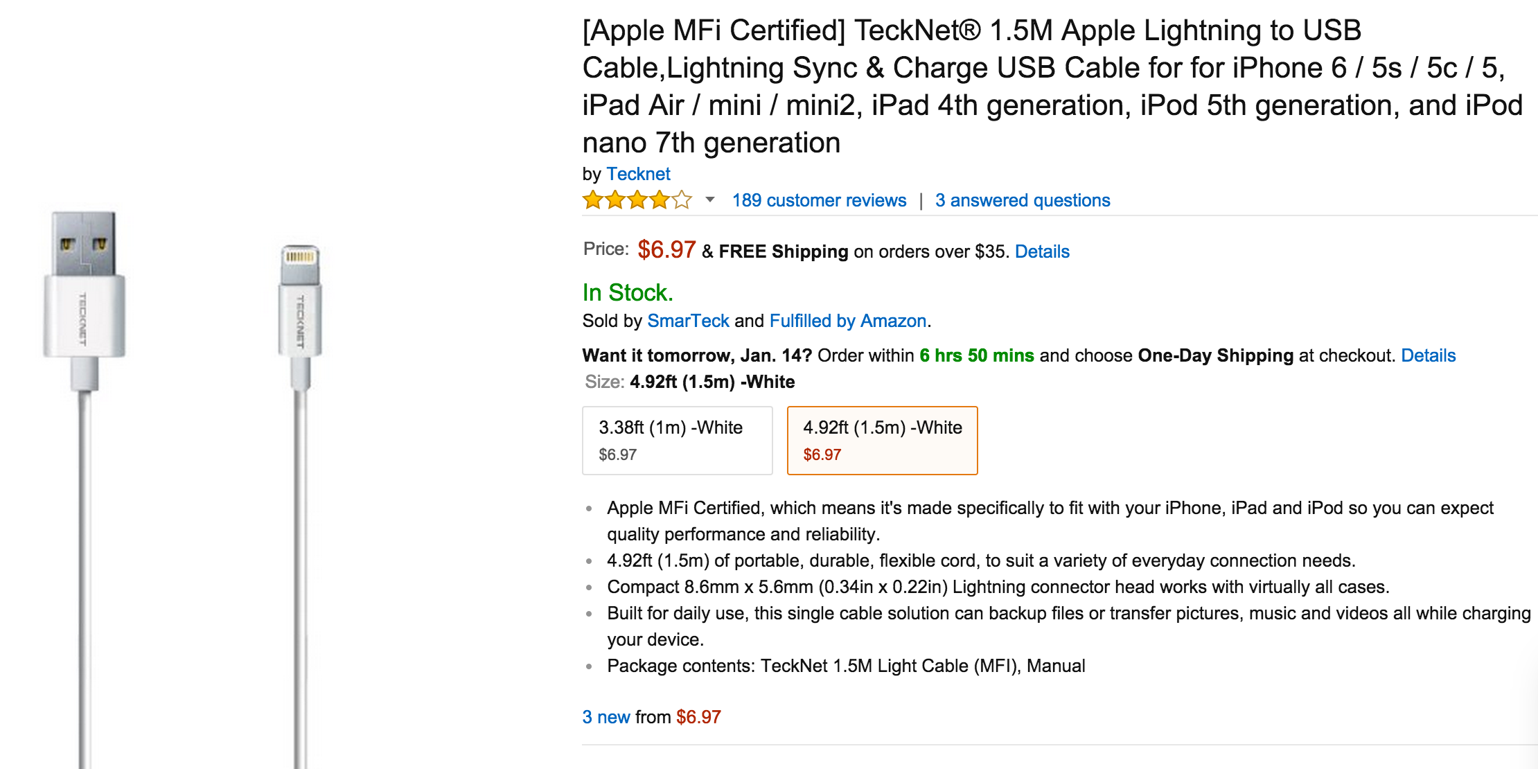 Apple-certified MFi 3.3ft Lightning USB Cable: $8, 5 ft: $7 Prime shipped
