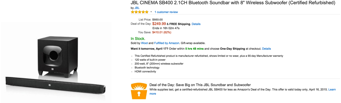 Amazon Gold Box - JBL Cinema 2.1Ch Bluetooth soundbar w/ 8" wireless ...