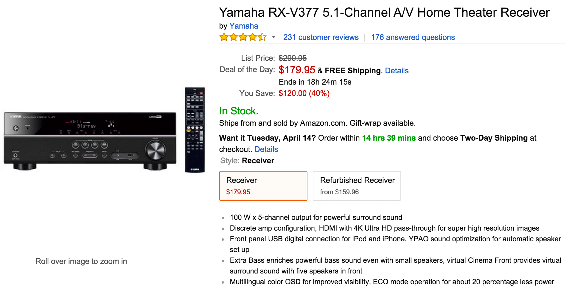 Yamaha RX-V377 5.1-Channel 4K A/V Home Theater Receiver w/USB: $180 Shipped