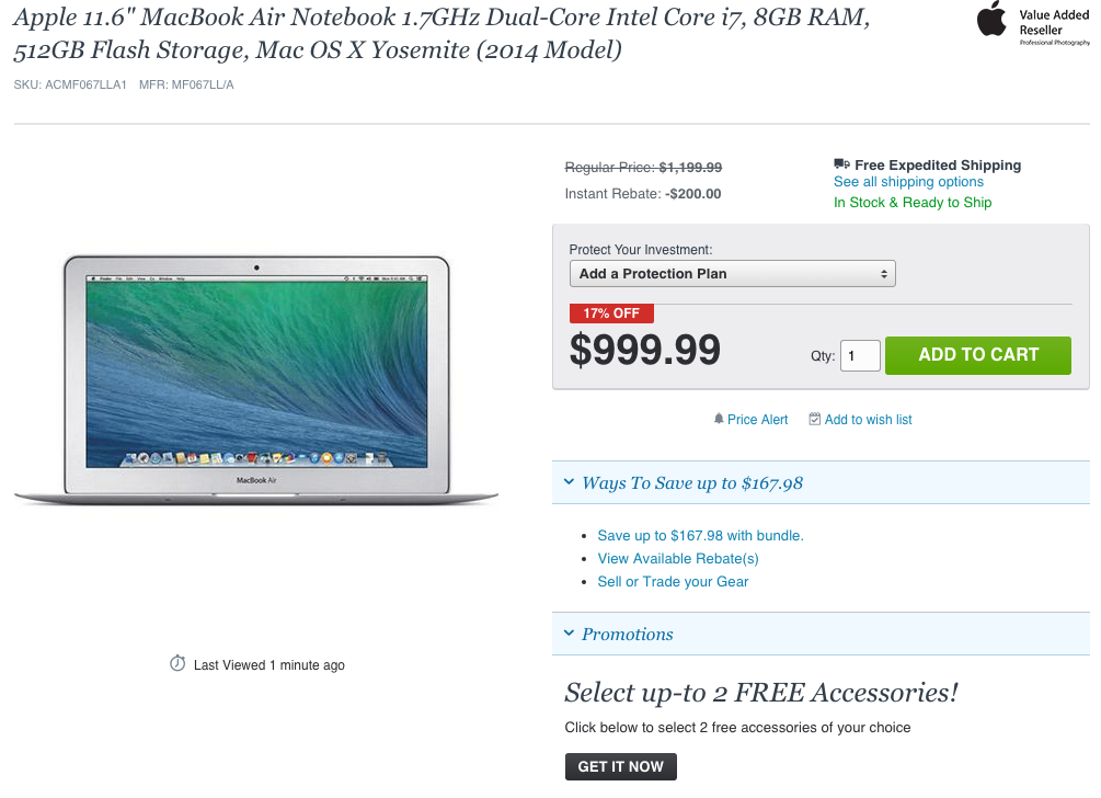 11.6-inch MacBook Air (previous gen) 1.7GHZ/8GB/512GB + freebies ...