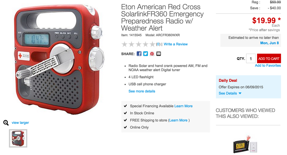 Eton American Red Cross Emergency Radio w/ Weather Alerts $20 (Reg. $46 ...