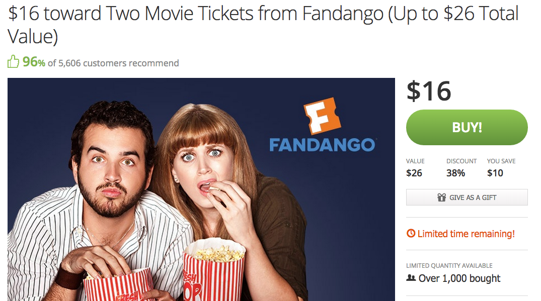 Two movie tickets from Fandango for $16 (up to $26 value)