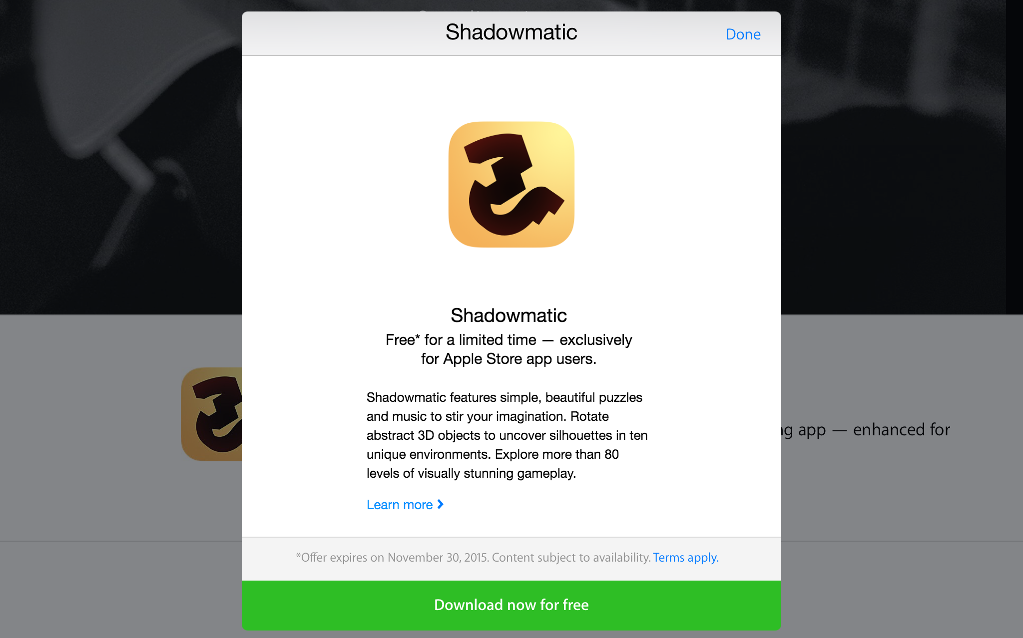 Apple is dishing out free downloads of the award-winning puzzle game Shadowmatic