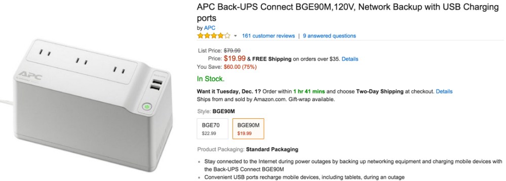 APC Back-UPS Connect 120V Network Backup with USB Charging ports $20 ...