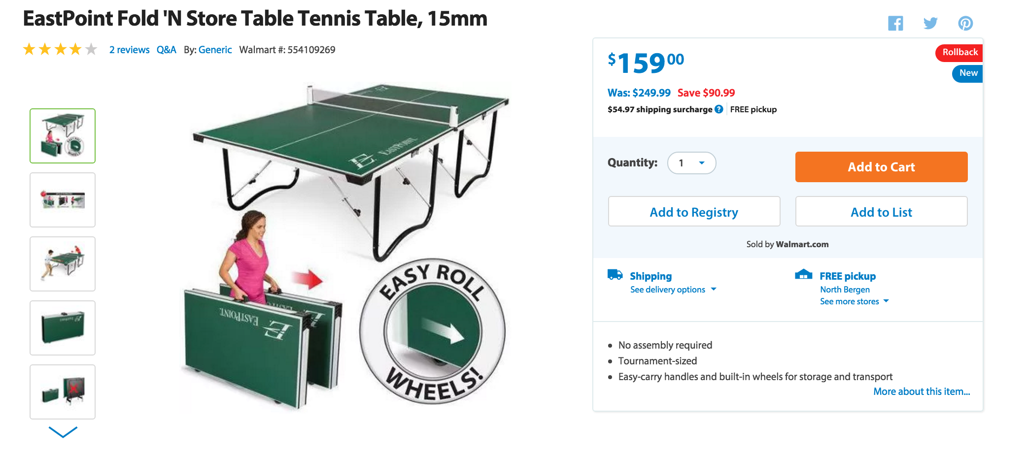 Sports/Fitness: Fold 'N Store Ping Pong Table $159 (Reg. $300), more