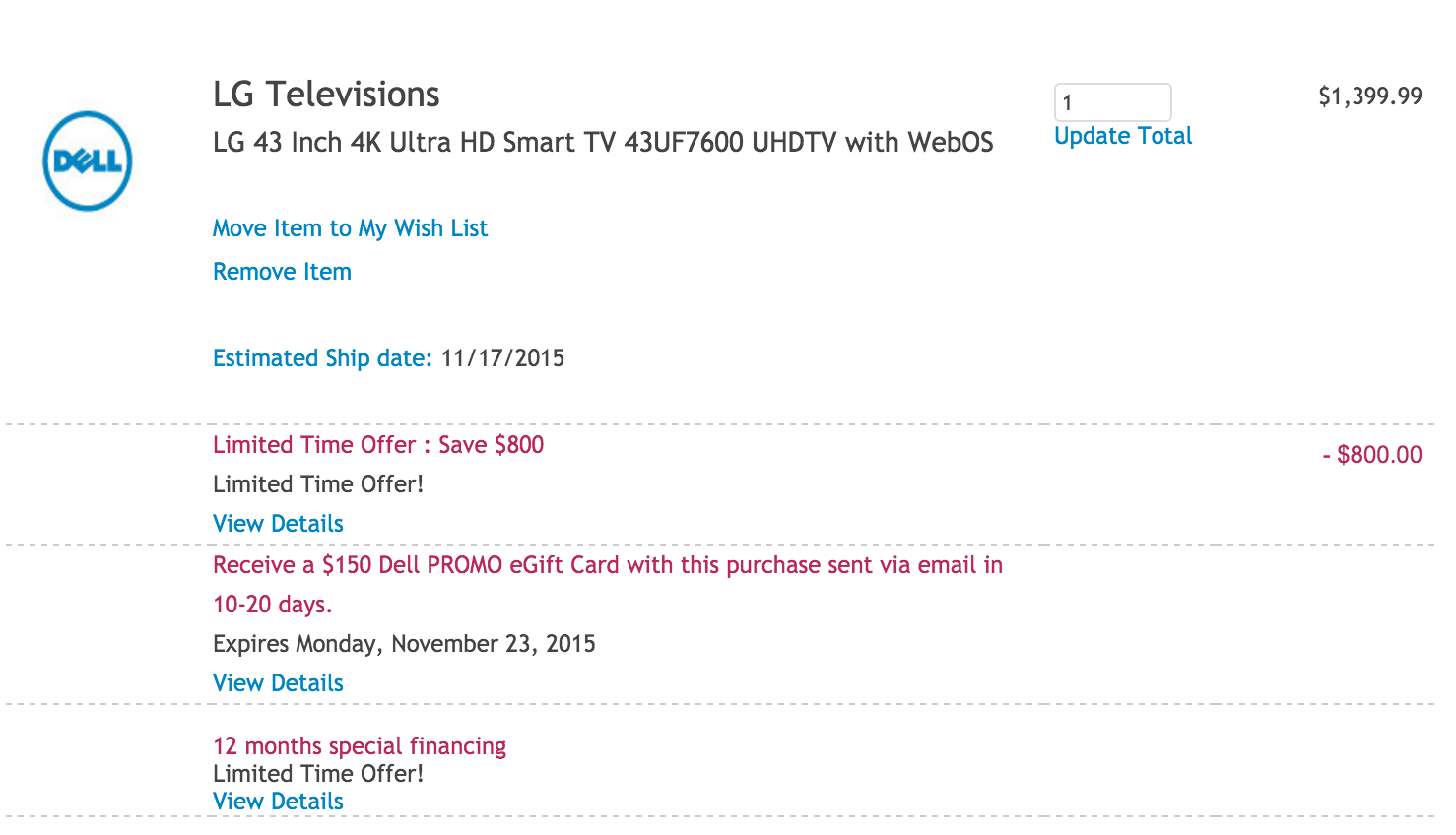 LG 43-inch HDTVs: Smart 4K + $150 Dell Gift Card $600 (Reg. $800 ...